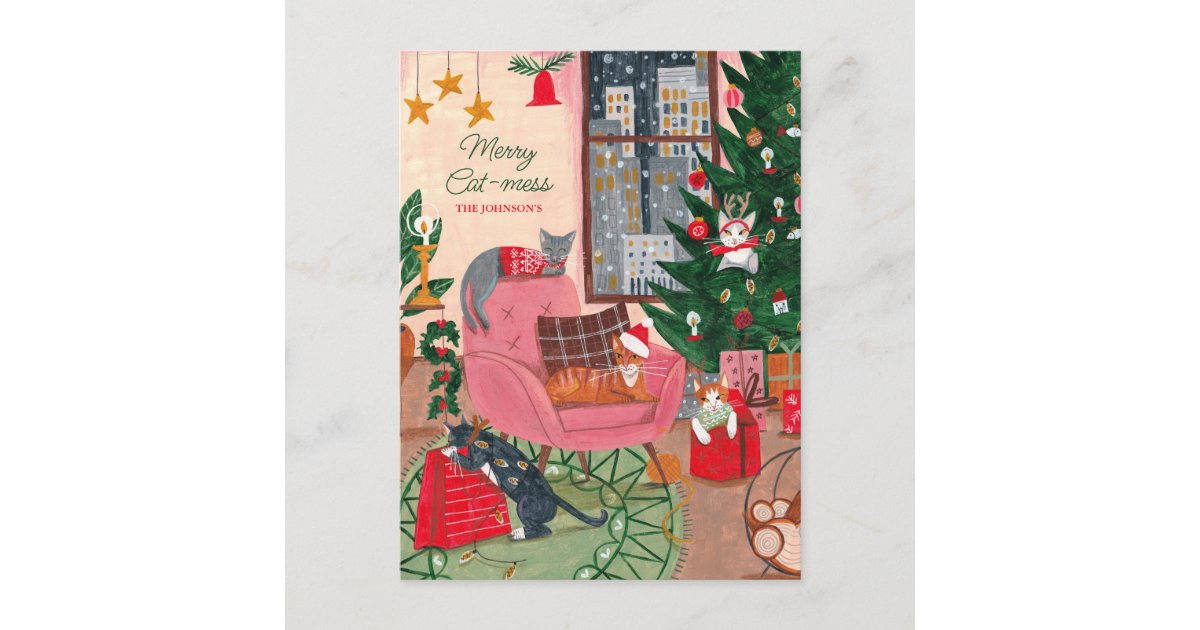 Merry Cat-mess cats Christmas Holiday Card | Zazzle