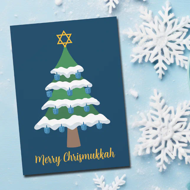 Merry Chrismukkah Cute Hanukkah Christmas Tree Holiday Card | Zazzle