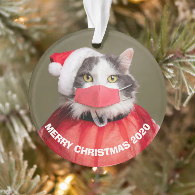 Merry Christmas 2020 Cat in Santa Hat Face Mask Ornament | Zazzle