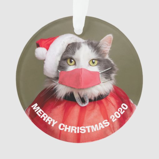 Merry Christmas 2020 Cat in Santa Hat Face Mask Ornament | Zazzle