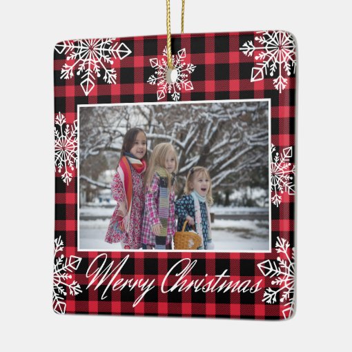 Merry Christmas 2 Photo Snowflakes Red Plaid Ceramic Ornament | Zazzle