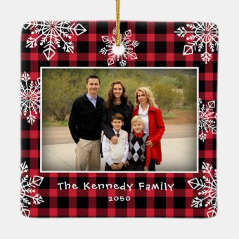 Merry Christmas 2 Photo Snowflakes Red Plaid Ceramic Ornament | Zazzle