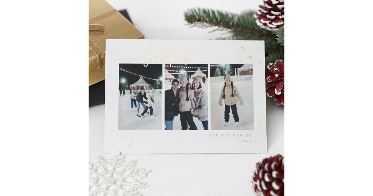 Merry Christmas 3 Photo Foil Holiday Card | Zazzle