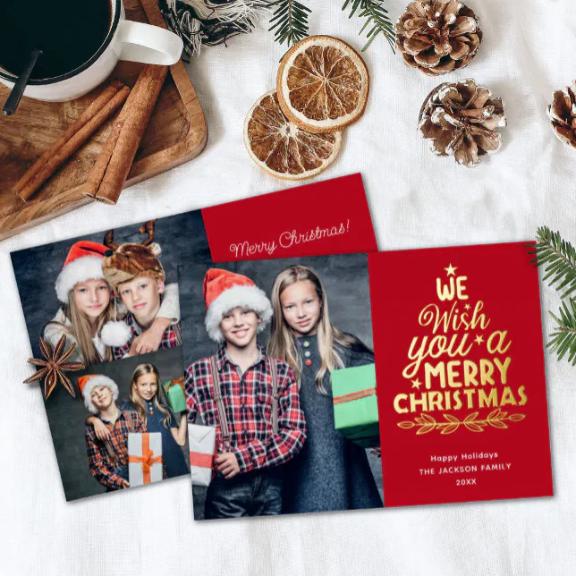 Merry Christmas 3 photos red family Foil Holiday Card | Zazzle