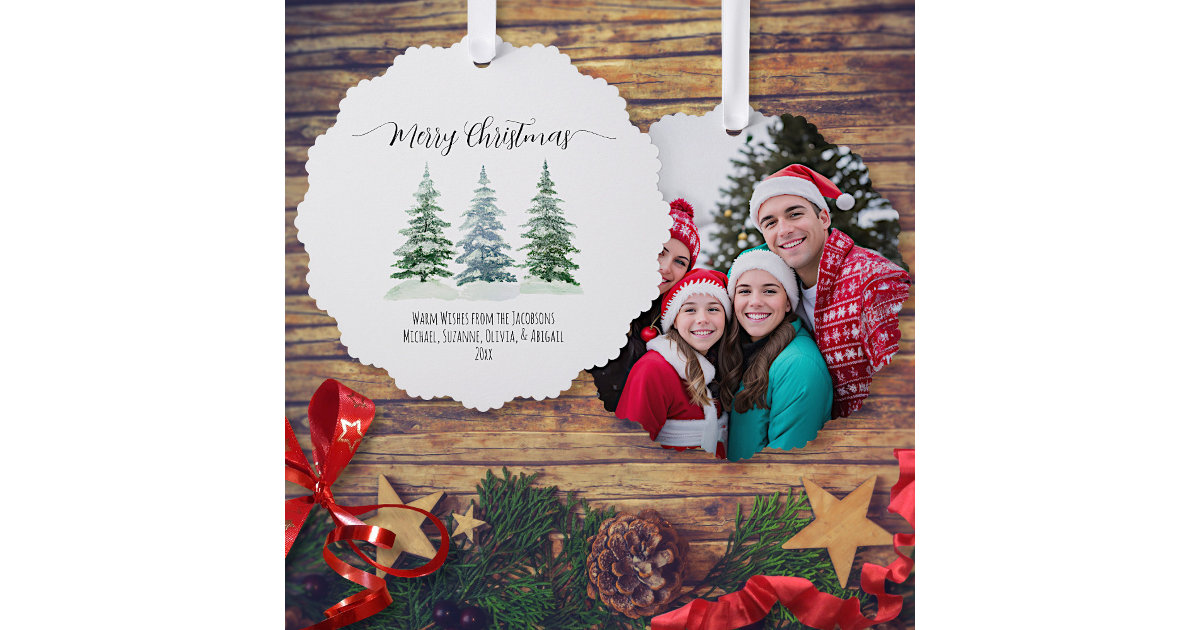 Merry Christmas 3 Pine Trees Rustic Photo Holiday Ornament Card | Zazzle