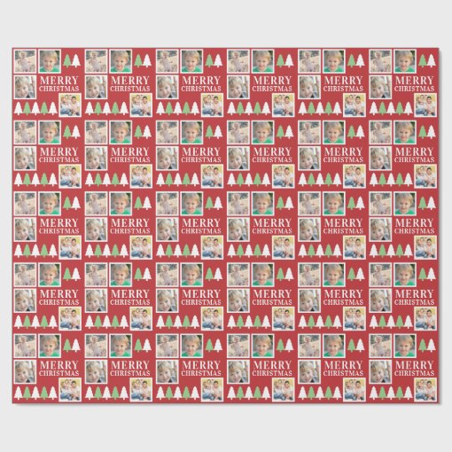 Merry Christmas 4 Photos Red Christmas Wrapping Paper | Zazzle