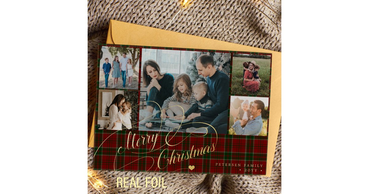 Merry Christmas 5 photos elegant script red plaid Foil Holiday Card | Zazzle