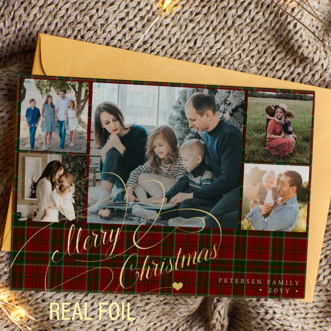 Merry Christmas 5 photos elegant script red plaid Foil Holiday Card | Zazzle