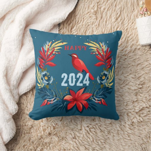 Merry Christmas and Happy New Year! 2024 Red Bird Throw Pillow | Zazzle