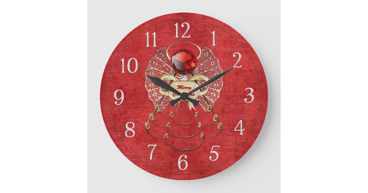 Merry Christmas Angel - Red Large Clock | Zazzle