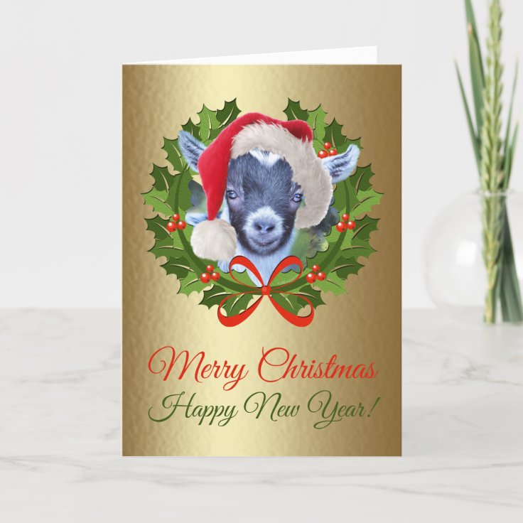Merry Christmas Baby Pygmy Goat Kid Oil Painting Holiday Card | Zazzle