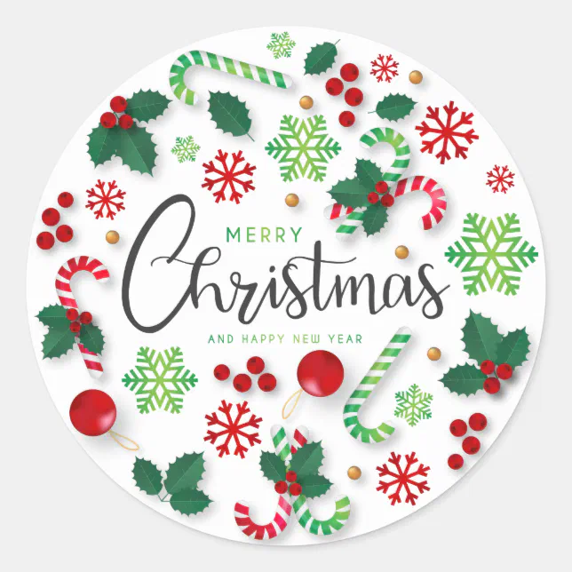Merry Christmas Background With Ornaments Classic Round Sticker | Zazzle