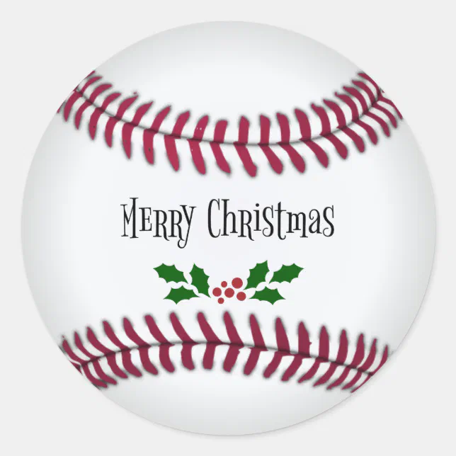 Merry Christmas, Baseball-Theme Design Classic Round Sticker | Zazzle