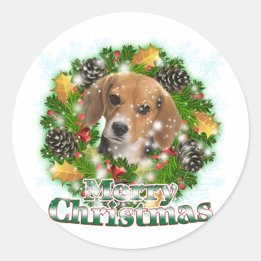 Merry Christmas Beagle Classic Round Sticker | Zazzle