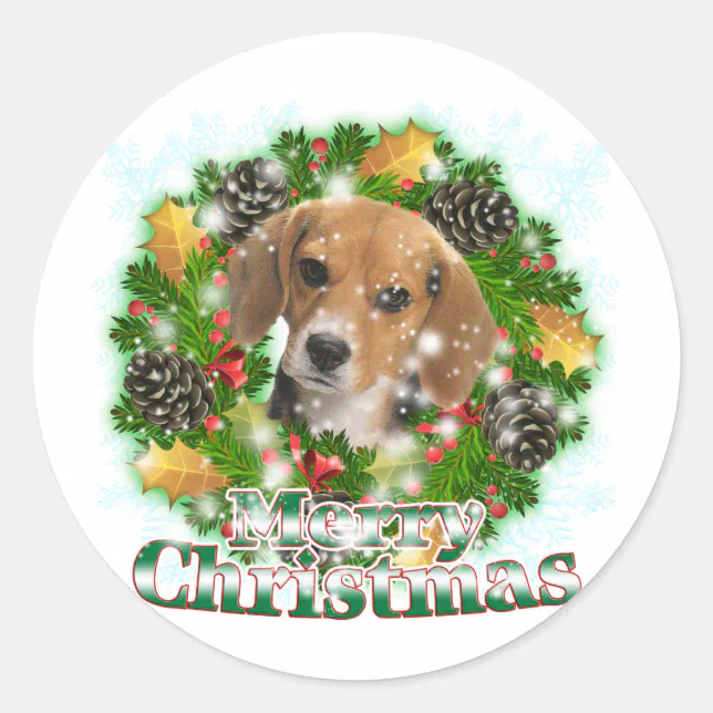 Merry Christmas Beagle Classic Round Sticker | Zazzle