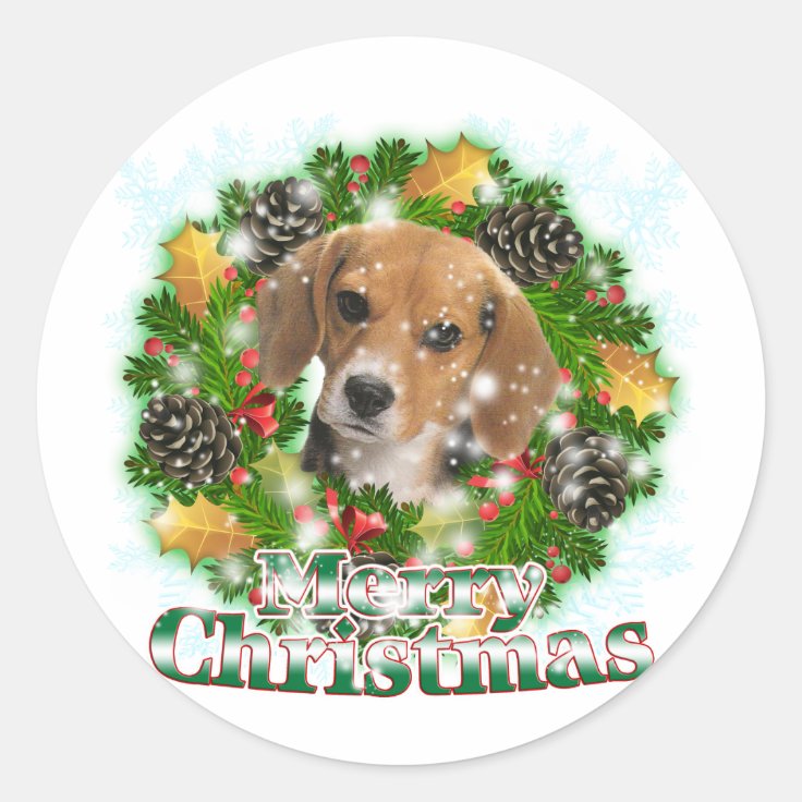 Merry Christmas Beagle Classic Round Sticker | Zazzle