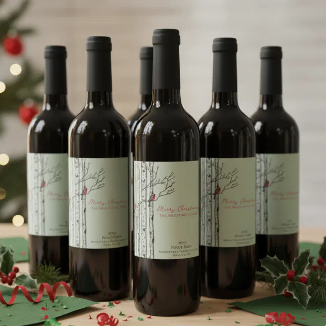 Merry Christmas Birch Trees & Cardinal Birds Sage Wine Label | Zazzle