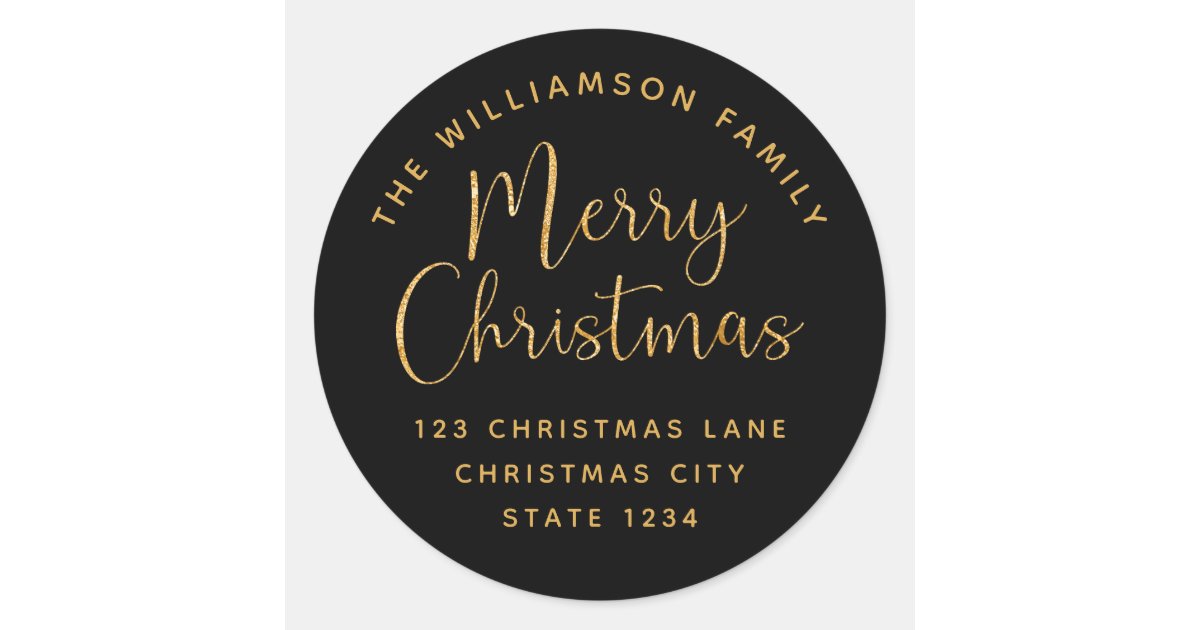 Merry Christmas Black Gold Classic Round Sticker | Zazzle