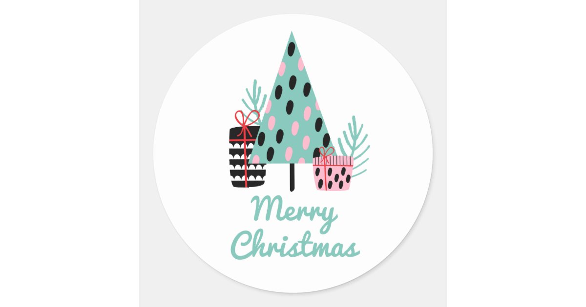 Merry Christmas. Blue and pink modern tree Classic Round Sticker | Zazzle
