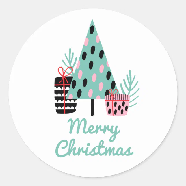 Merry Christmas. Blue and pink modern tree Classic Round Sticker | Zazzle