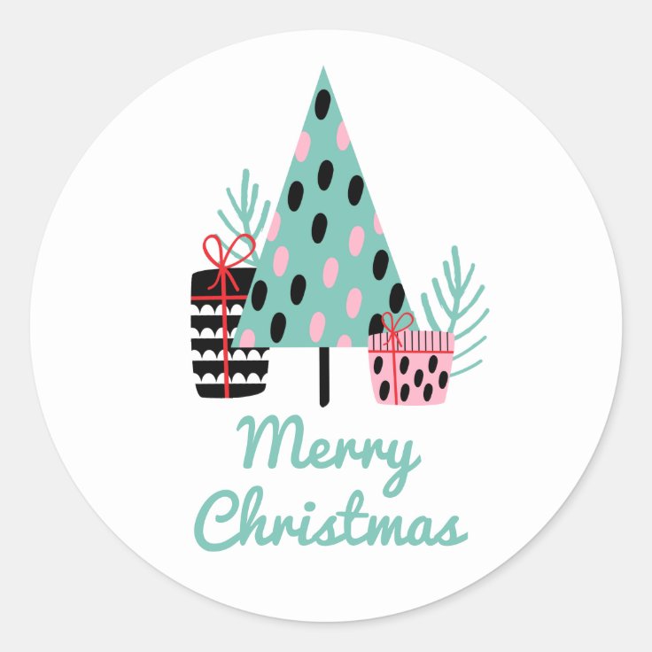 Merry Christmas. Blue and pink modern tree Classic Round Sticker | Zazzle