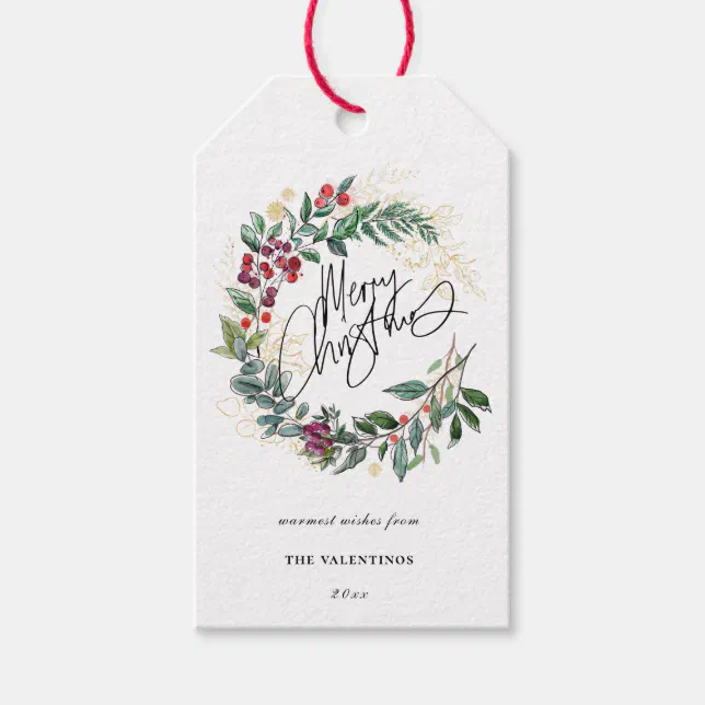 Merry Christmas Botanical Wreath Gift Tags | Zazzle