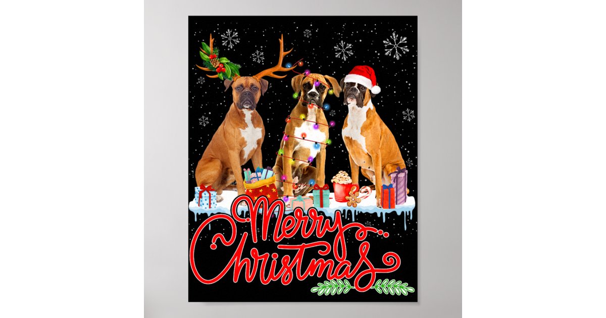 Merry Christmas Boxer Dog Santa Reindeer Light Xma Poster | Zazzle