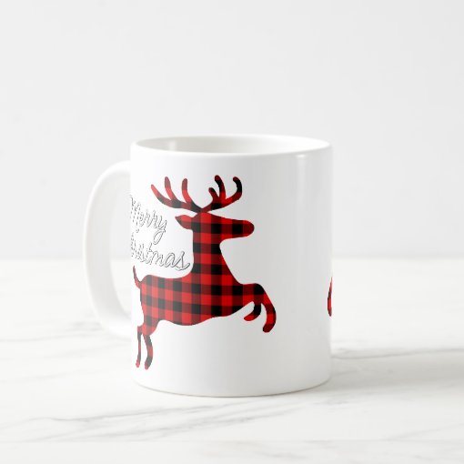 Merry Christmas Buck on Red Black Buffalo Check Coffee Mug | Zazzle
