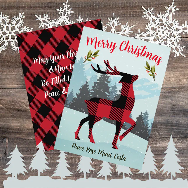 Merry Christmas Buffalo Plaid Reindeer And Trees Holiday Card | Zazzle