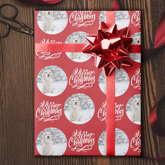 Merry Christmas Calligraphy Round Photo Red Wrapping Paper | Zazzle
