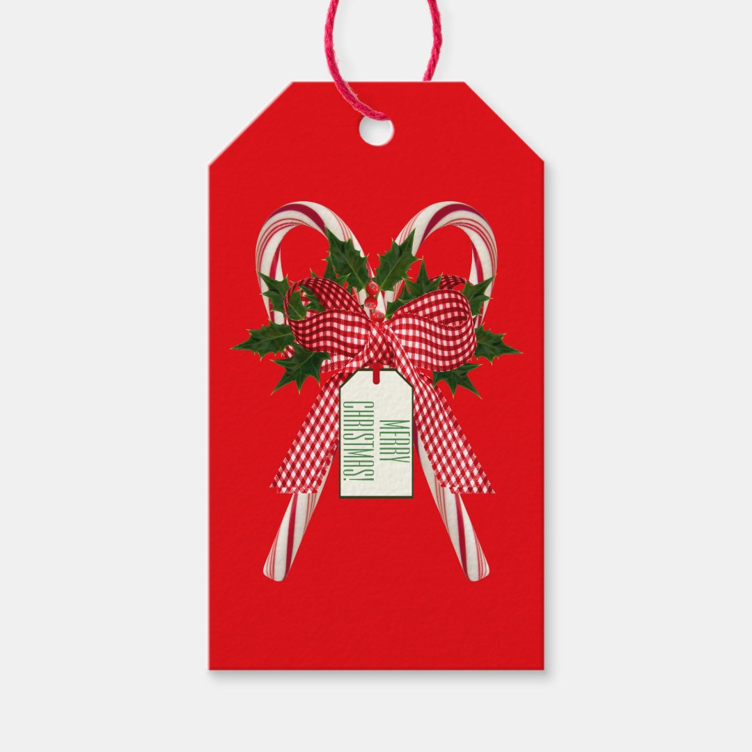 Merry Christmas Candy Canes Holly Holiday Name Gift Tags | Zazzle