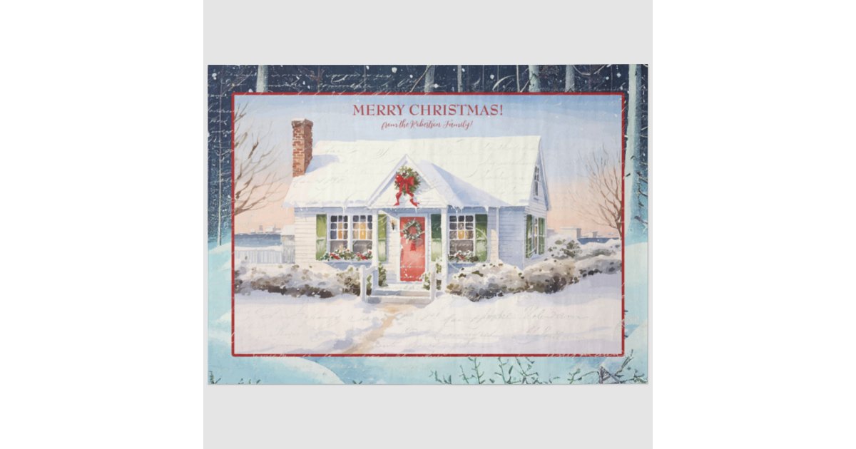 Merry Christmas Cape Cod House Snow Snowy Trees Tissue Paper | Zazzle