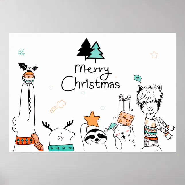 Merry Christmas Cartoon Animals | Holidays Poster | Zazzle