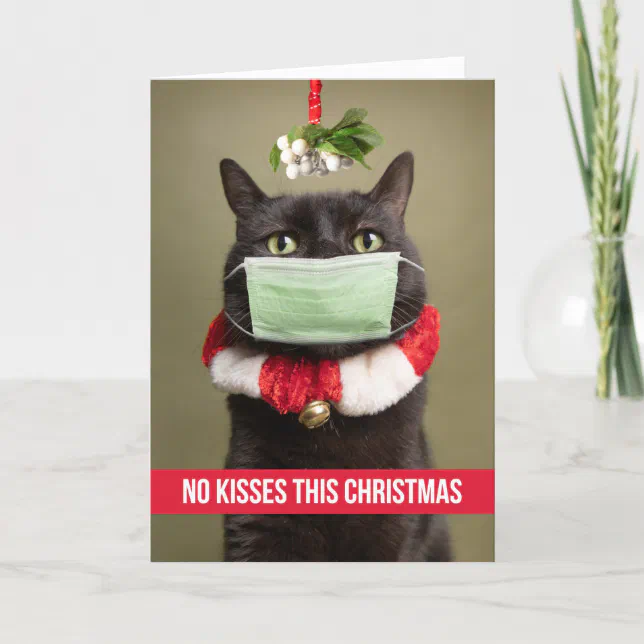 Merry Christmas Cat Under Mistletoe in Face Mask Holiday Card | Zazzle