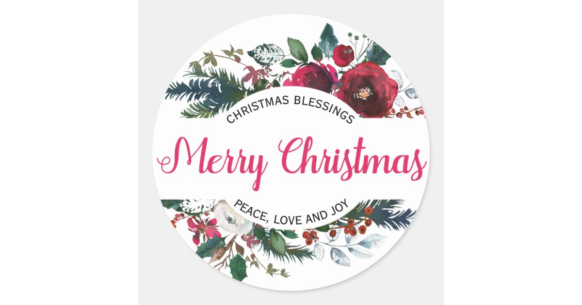 Merry Christmas Christmas Blessings Red Floral Classic Round Sticker ...