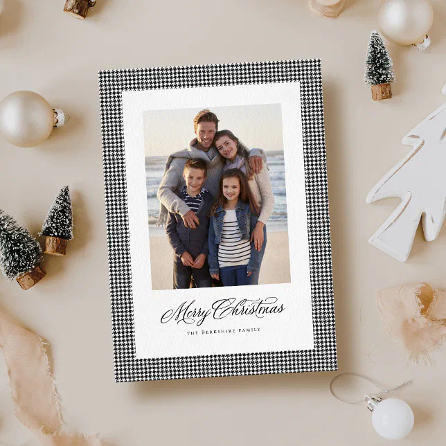 Merry Christmas classic houndstooth one photo Holiday Card | Zazzle