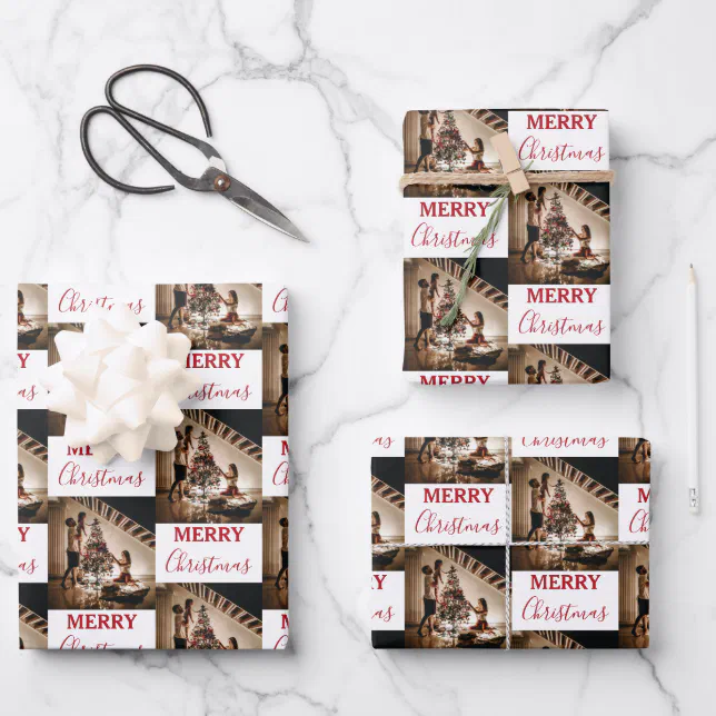 Merry Christmas Custom Family Photo Wrapping Paper Sheets | Zazzle