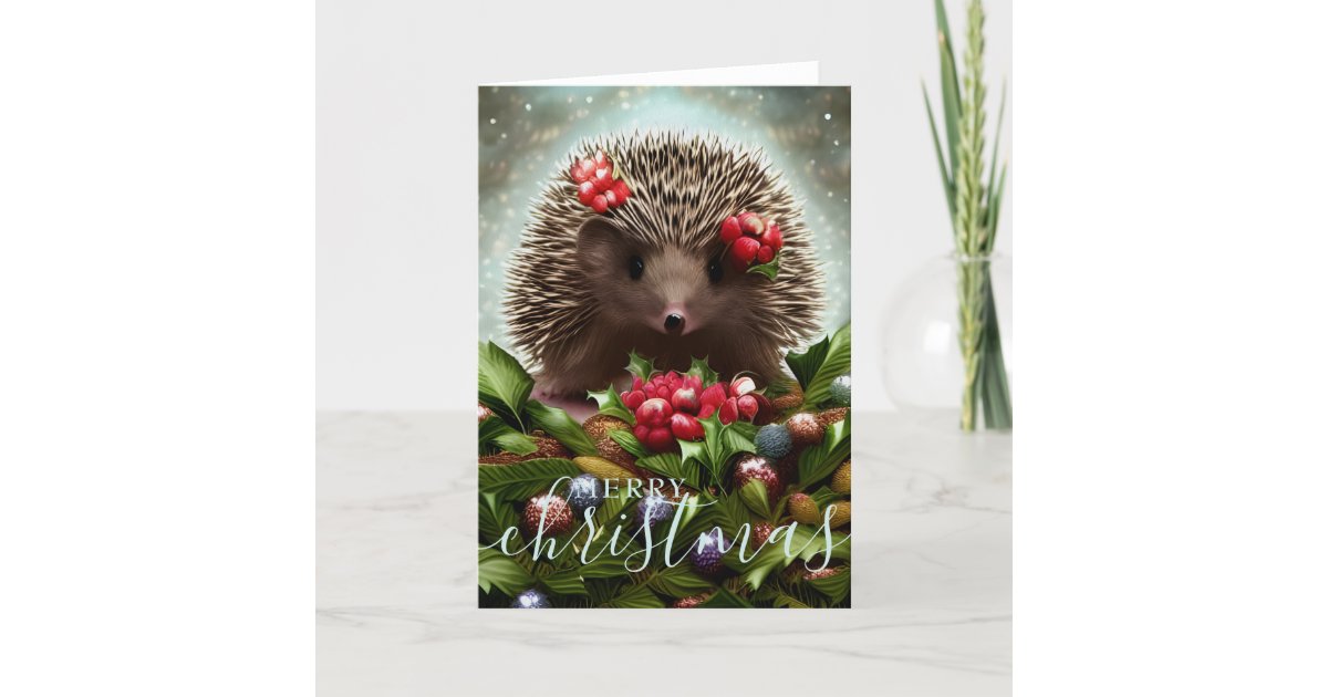 Merry Christmas Cute Hedgehog Holiday Card | Zazzle