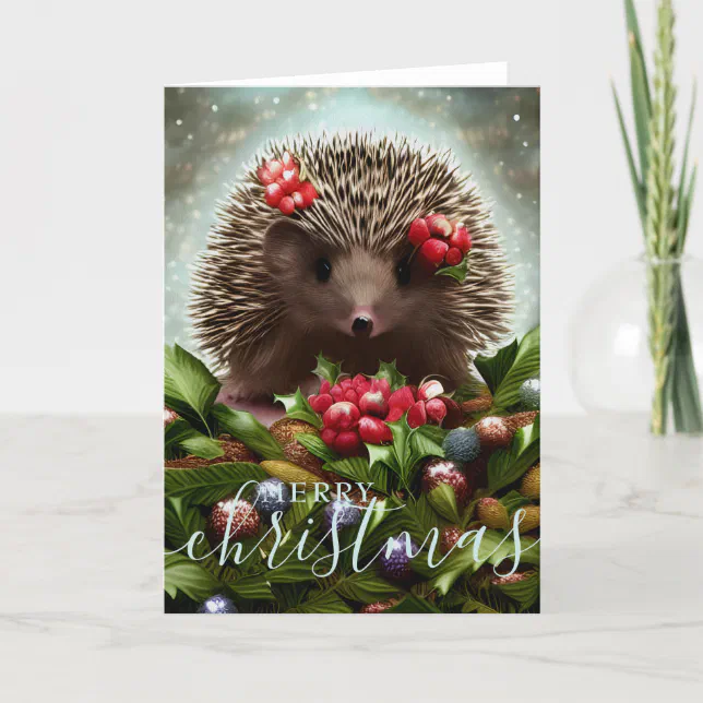 Merry Christmas Cute Hedgehog Holiday Card | Zazzle