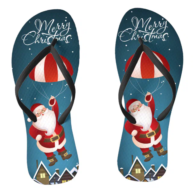 Merry Christmas Cute Modern Parachuting Santa Flip Flops | Zazzle