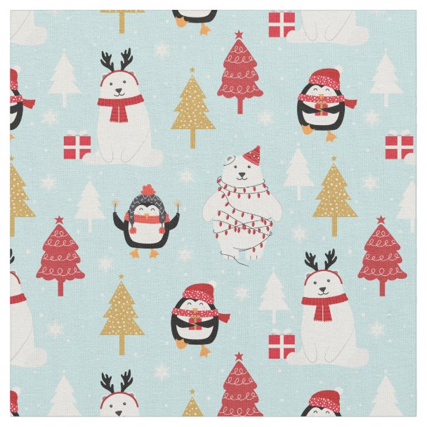 Cute Winter Polar Bear Blue Christmas Holiday Fabric | Zazzle