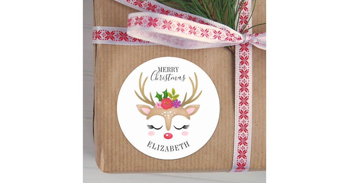 Merry Christmas Cute Reindeer Face Classic Round Sticker | Zazzle