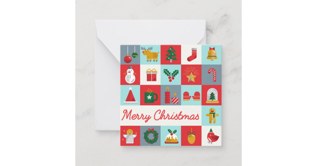 Merry Christmas Cute Retro Winter Christmas Icons Note Card | Zazzle
