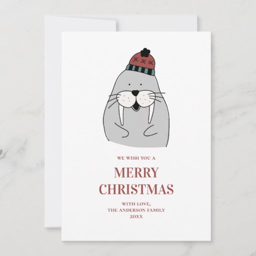 Merry Christmas. Cute winter walrus. Funny animal Holiday Card | Zazzle