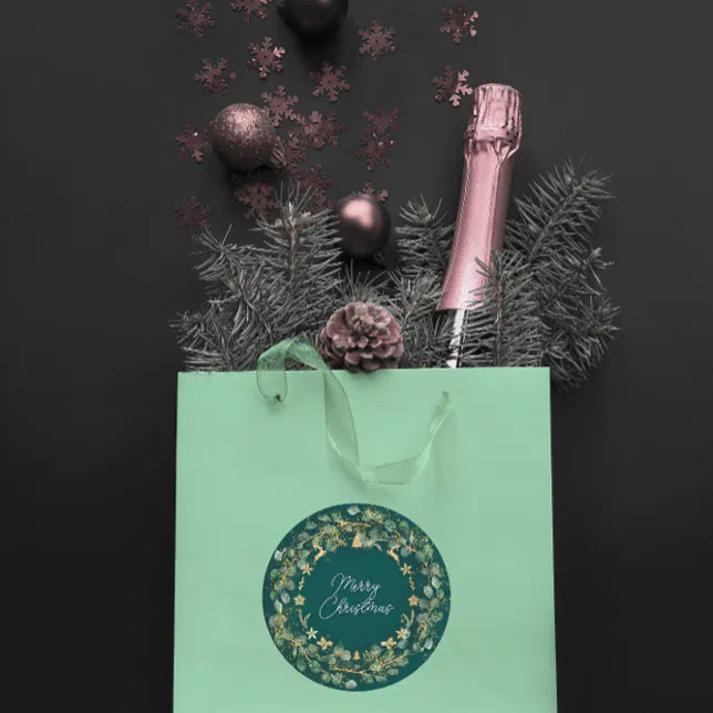 Merry Christmas Deep Green Wreath Woodland Gold Classic Round Sticker ...