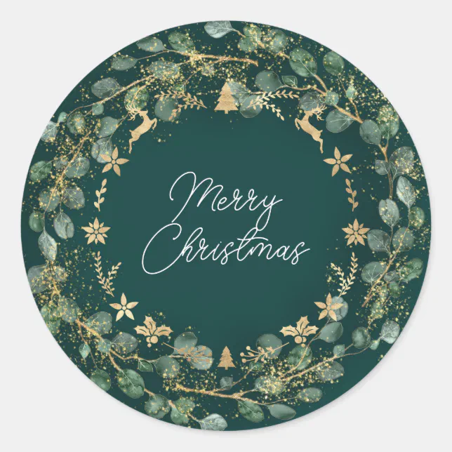 Merry Christmas Deep Green Wreath Woodland Gold Classic Round Sticker ...