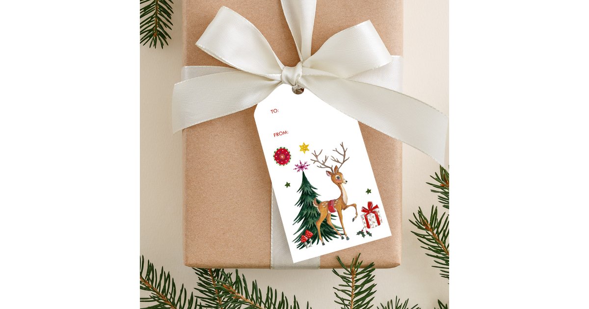 Merry Christmas | Deer & Tree | Gift Tags | Zazzle