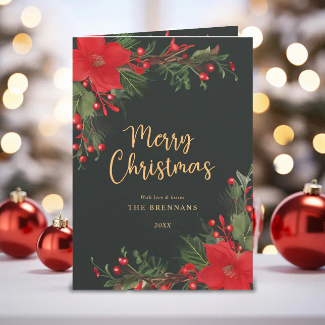 Merry Christmas Elegant Green Red Botanical Holiday Card | Zazzle