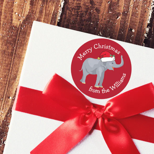 Merry Christmas Elephant in Santa Hat Cute Red Classic Round Sticker ...