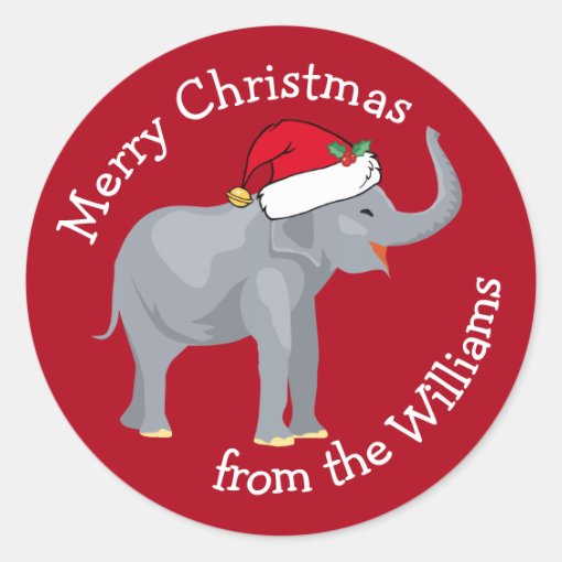 Merry Christmas Elephant in Santa Hat Cute Red Classic Round Sticker ...